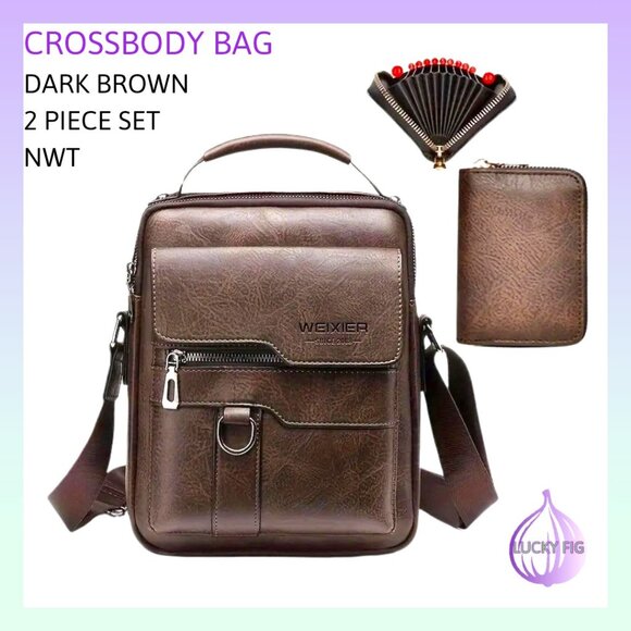 Bags | Nwt Large Size Dark Brown Leather Crossbody Bag Card Holder ...